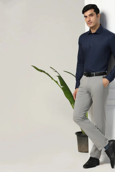 Men Office Outfit Navy Blue Shirt with Grey Pants By Sainly