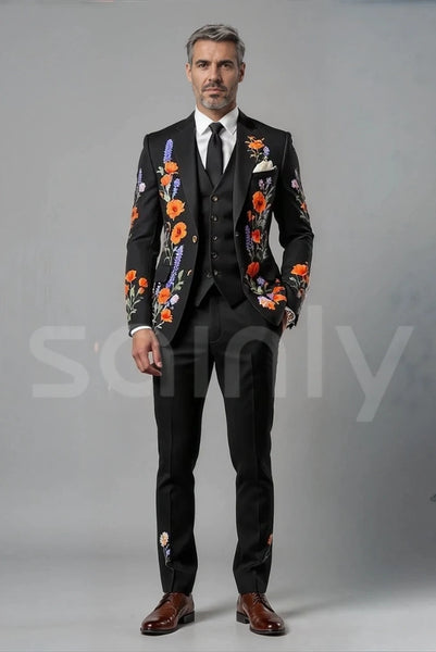Men Embroidery Customized Black Suit Prom Wedding Suit Bespoke Suits