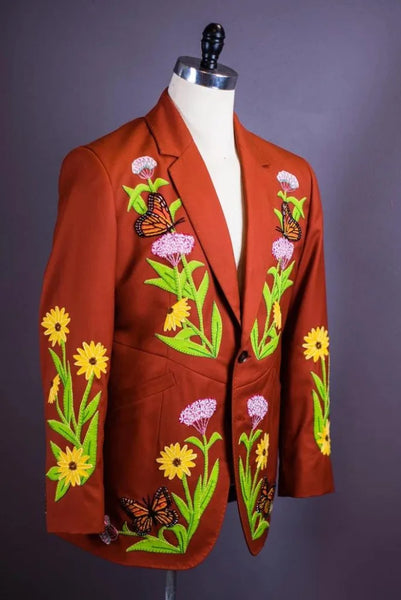 Men Rust Designer Suit Embroidered Flower Hand Work Suit Wear Sainly