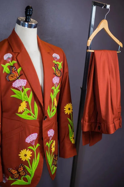 Men Rust Designer Suit Embroidered Flower Hand Work Suit Wear Sainly