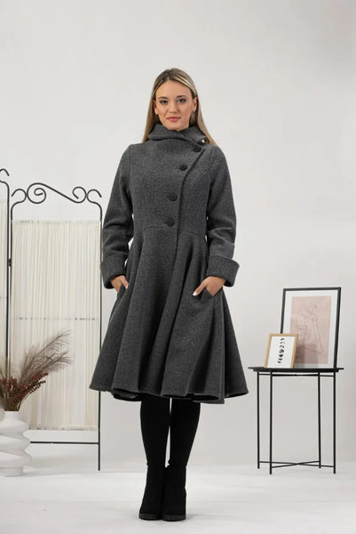 Women Designer Grey Princess Long Coat, Fit and Flare Long Coat for He