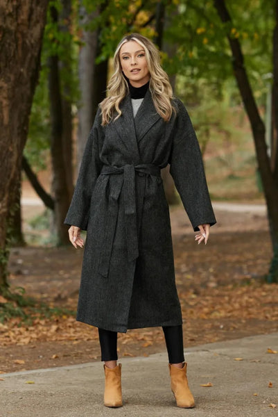 Women Grey Winter Long Coat, Classic Double Breasted Belted Coat For H