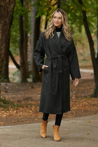 Women Grey Winter Long Coat, Classic Double Breasted Belted Coat For H