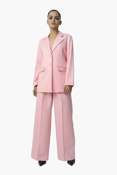 Women Misty Rose Pink Single Breasted 2 Piece Suit, Elegant Pant Suit