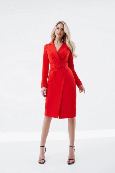 Women's Red Long Coat Formal Dress, Elegant Double Breasted Coat for O ...