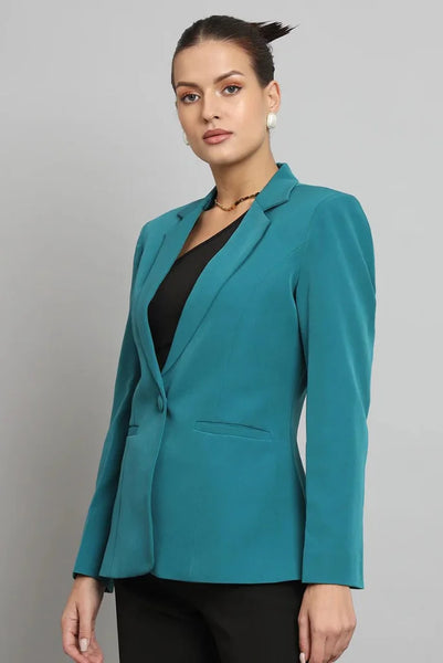 Women Teal Blue Single Breasted Notched Lapel Blazer, Casual Long Slee