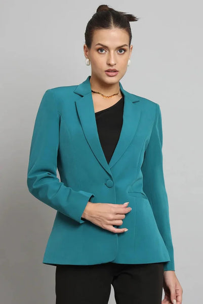 Women Teal Blue Single Breasted Notched Lapel Blazer, Casual Long Slee