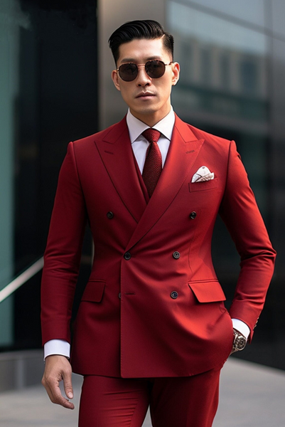 Men Double Breasted Red Suit Wedding Suit Bespoke Wear Sainly
